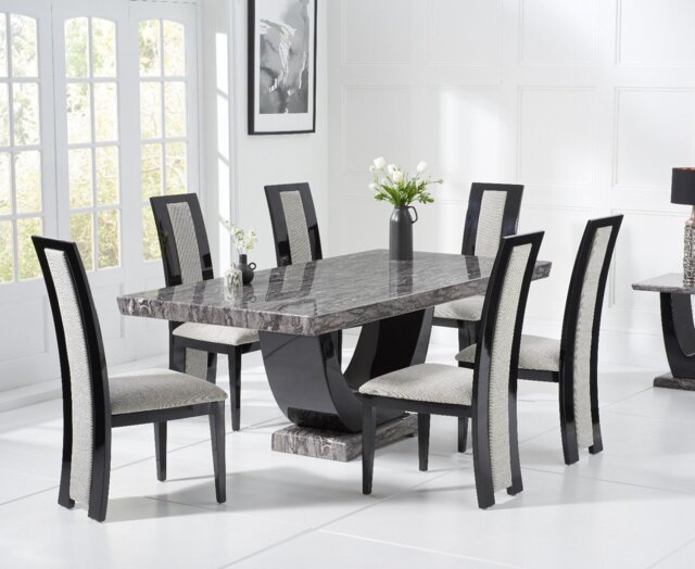 Novara 170cm Dark Grey Pedestal Marble Dining Table with 4 Black Novara ...