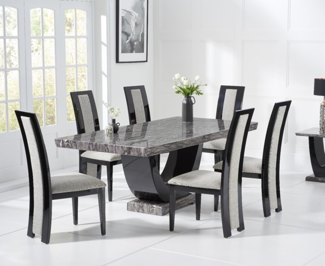 Novara 170cm Dark Grey Pedestal Marble Dining Table with 4 Black Novara ...