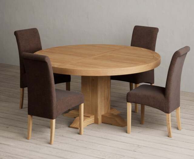 Helmsley 150cm Round Oak Dining Table with 6 Brown Scroll Back Chairs ...