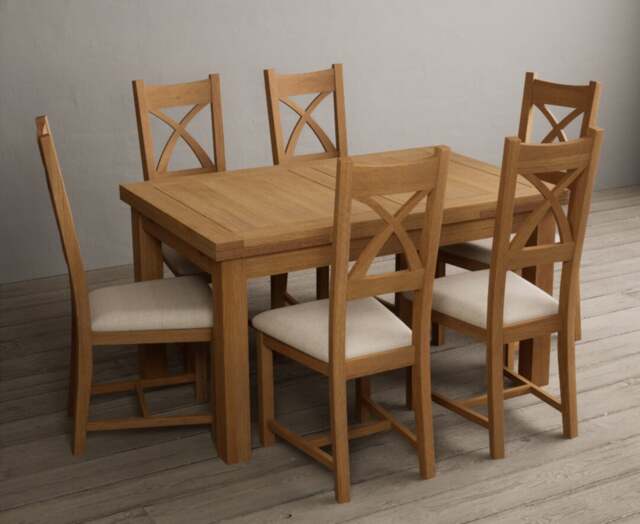 Extending Buxton 140cm Solid Oak Dining Table with 10 Blue Natural ...