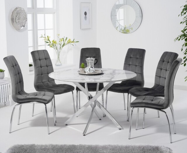 Comiso 120cm Round White Marble Dining Table with 4 Grey Enzo Chairs by ...