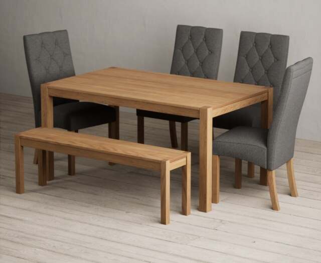 York 150cm Solid Oak Dining Table with 2 Grey Maya Chairs with 1 Oak Bench by Oak Furniture ...