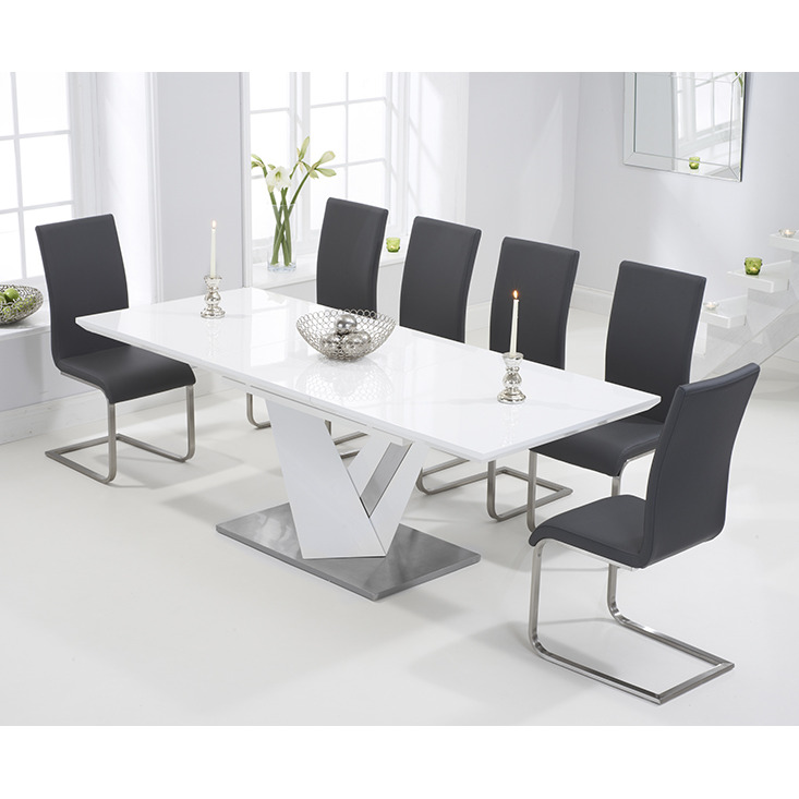 Santino 160cm White High Gloss Extending Dining Table With 6 Grey ...