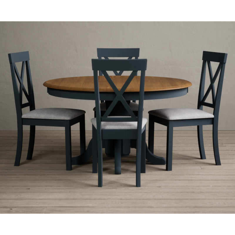 Hertford 120cm Fixed Top Oak and Dark Blue Painted Dining Table with 4 ...