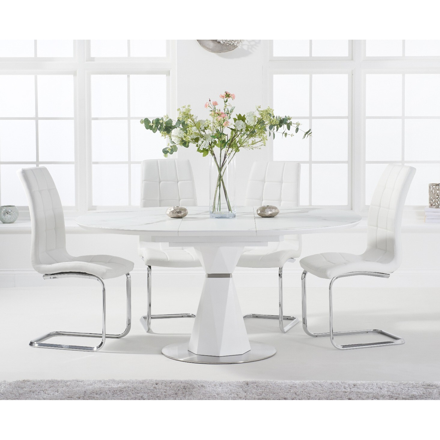 Venosa 120cm Round White Extending Dining Table With 4 White Vigo ...