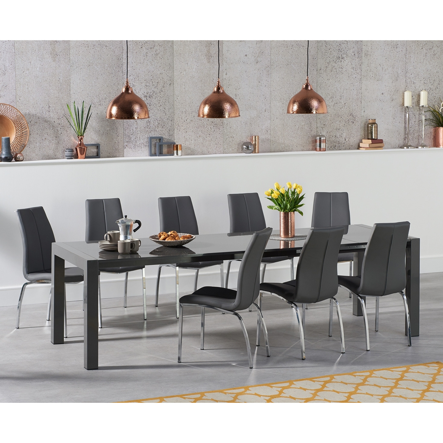 Joseph Extending Dark Grey High Gloss Dining Table With 6 Cream Cavello ...