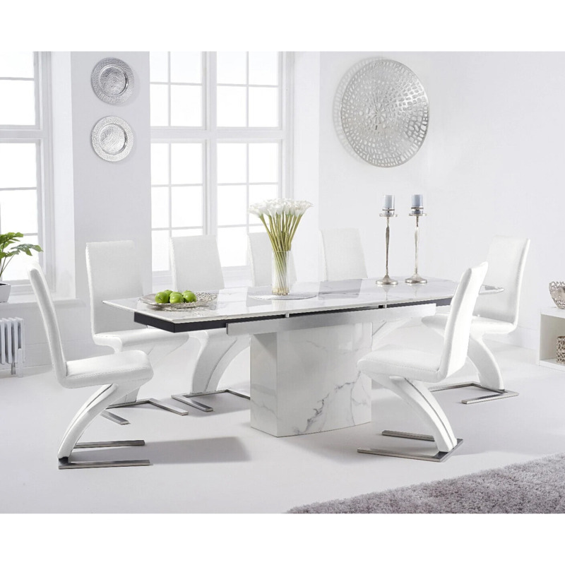 Metropolis 160cm Extending White Marble Dining Table With 10 White Aldo ...