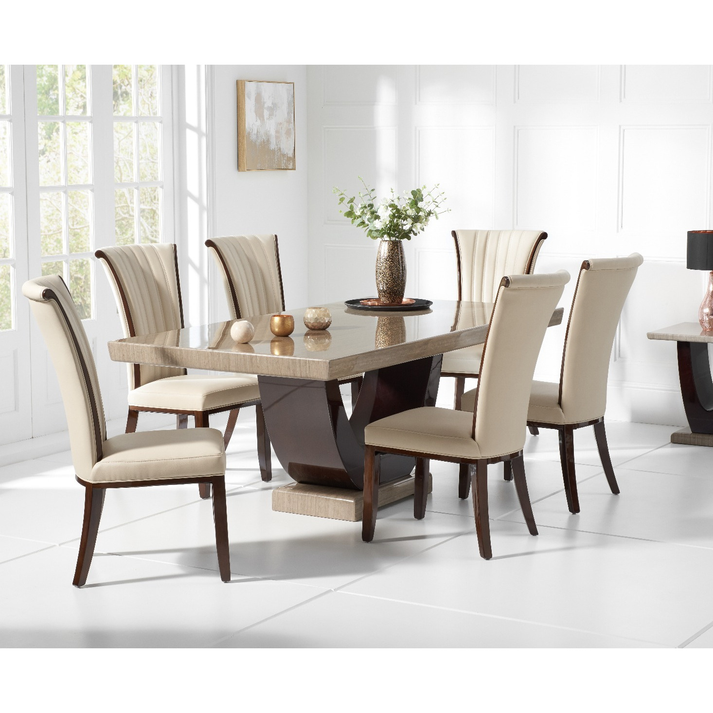 Novara 170cm Brown Pedestal Marble Dining Table With 4 Cream Alpine ...