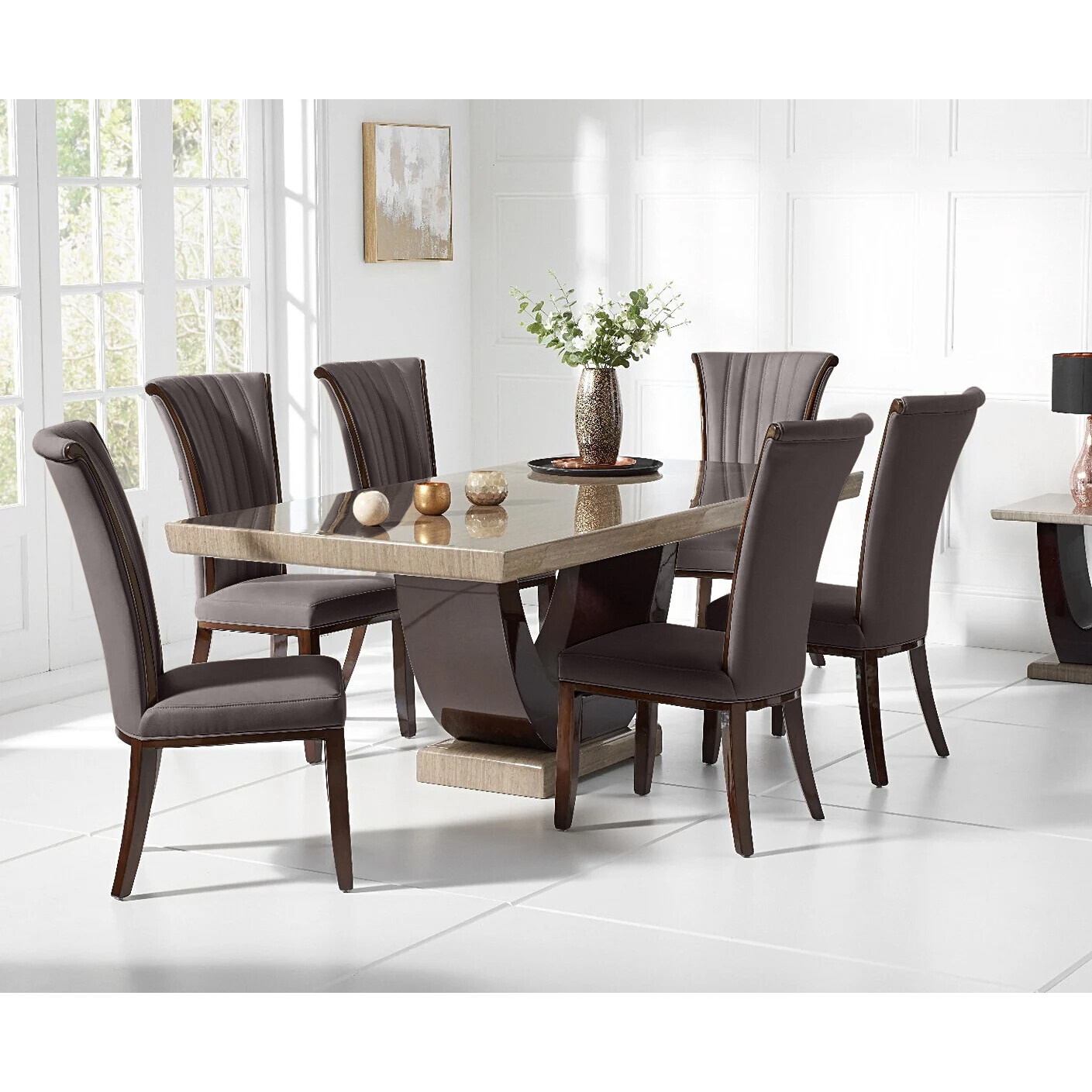 Novara 170cm Brown Pedestal Marble Dining Table With 4 Brown Alpine ...