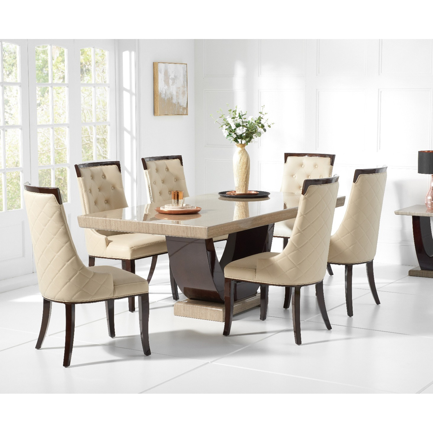 Novara 170cm Brown Pedestal Marble Dining Table With 4 Cream Francesca ...