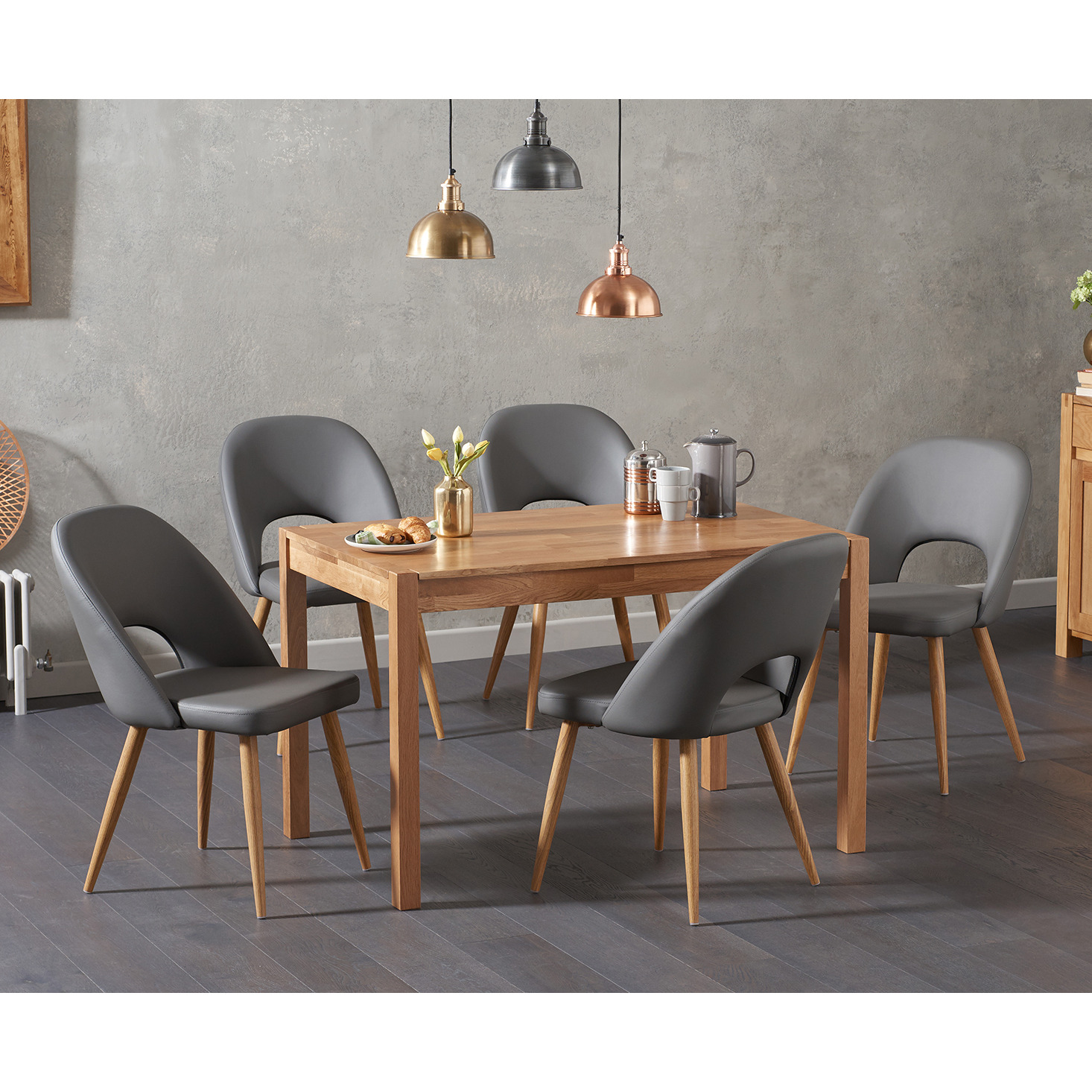 Oxford 120cm Solid Oak Dining Table With 4 Grey Hudson Faux Leather ...