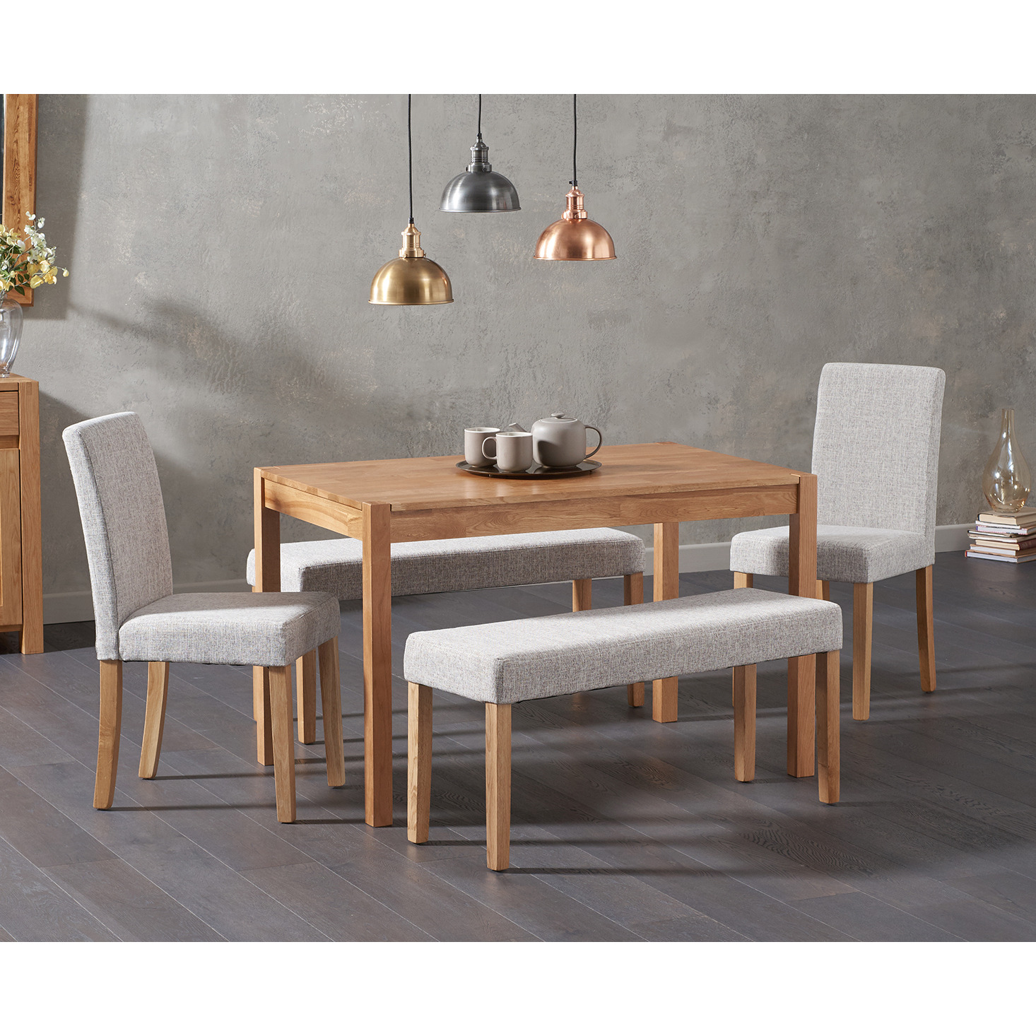 Oxford 120cm Solid Oak Dining Table with Lila Grey Benches and Lila ...