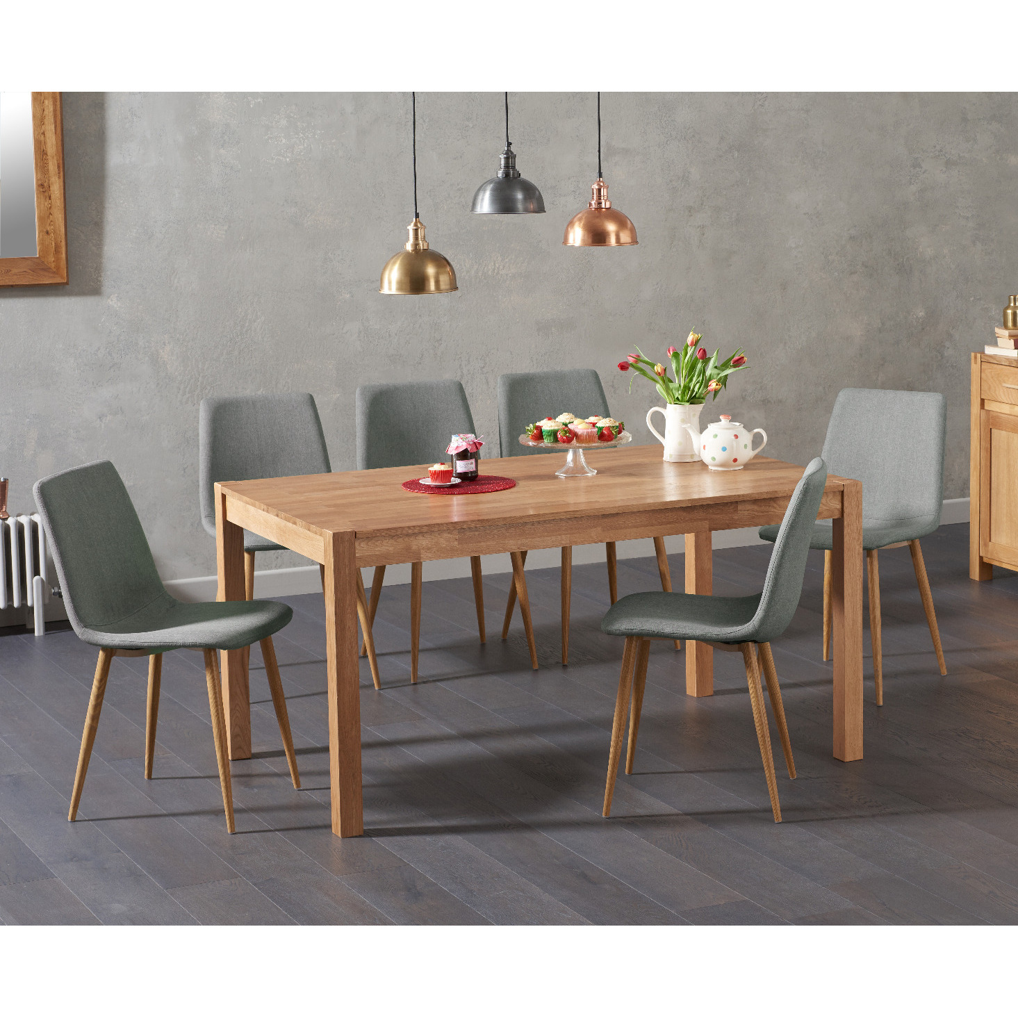 York 150cm Solid Oak Dining Table with 6 Grey Astrid Fabric Chairs by ...