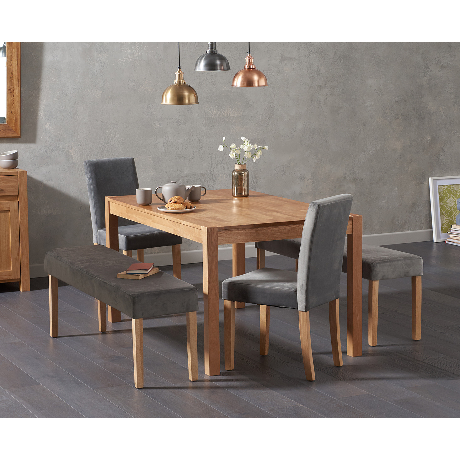 York 150cm Solid Oak Dining Table with Lila Large Grey Velvet Benches ...