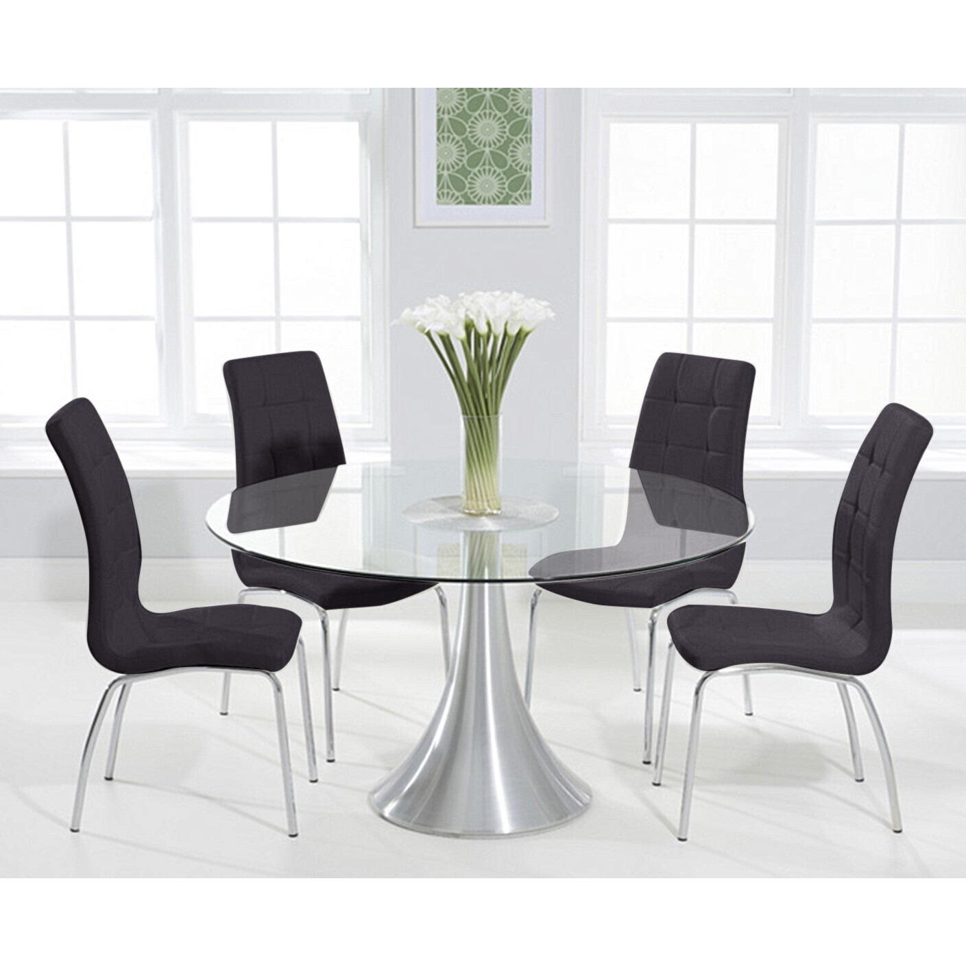 Paloma 135cm Round Glass Dining Table With 4 Black Enzo Chairs by Oak ...
