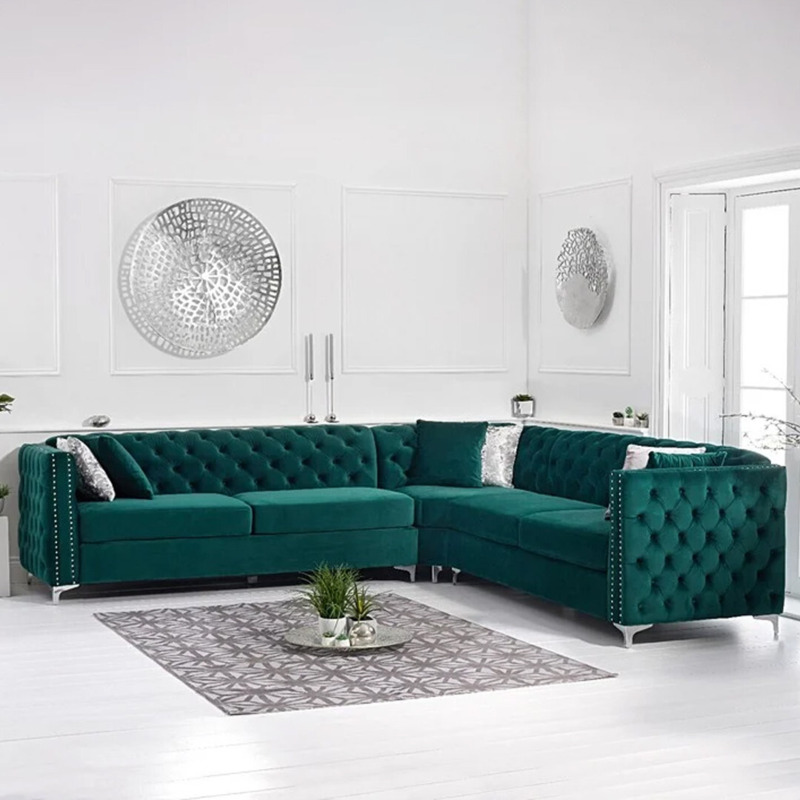 Mistral Green Velvet Corner Sofa by Oak Furniture Superstore | ufurnish.com