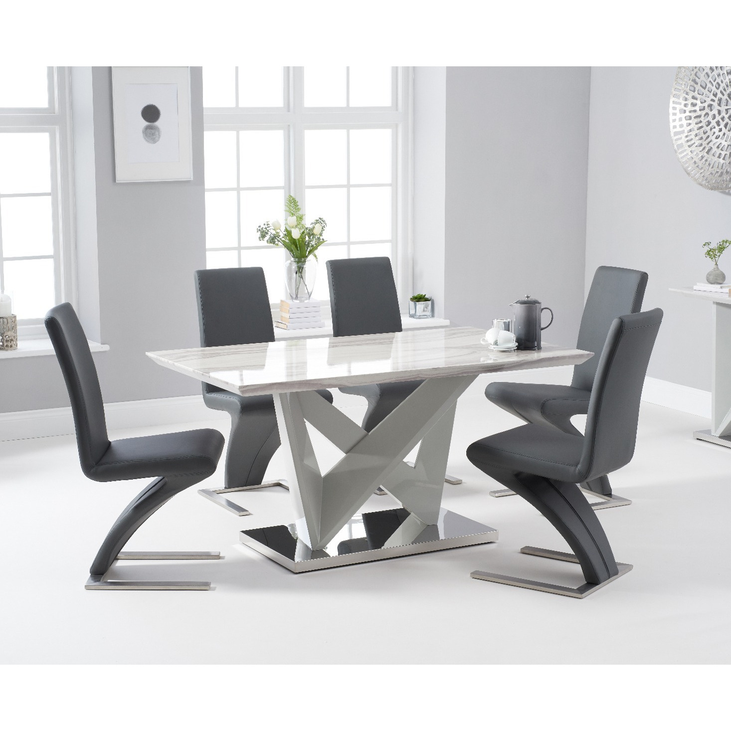 Reims 150cm Marble Effect Carrera Light Grey Dining Table With 6 Grey ...