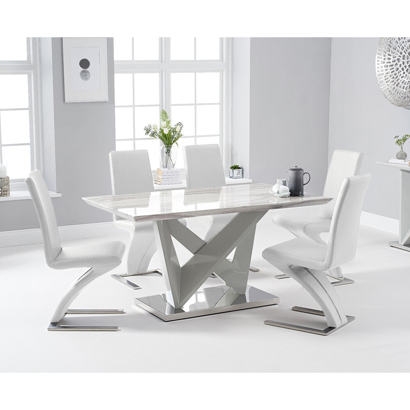 Reims 150cm Marble Effect Carrera Light Grey Dining Table With 6 White ...
