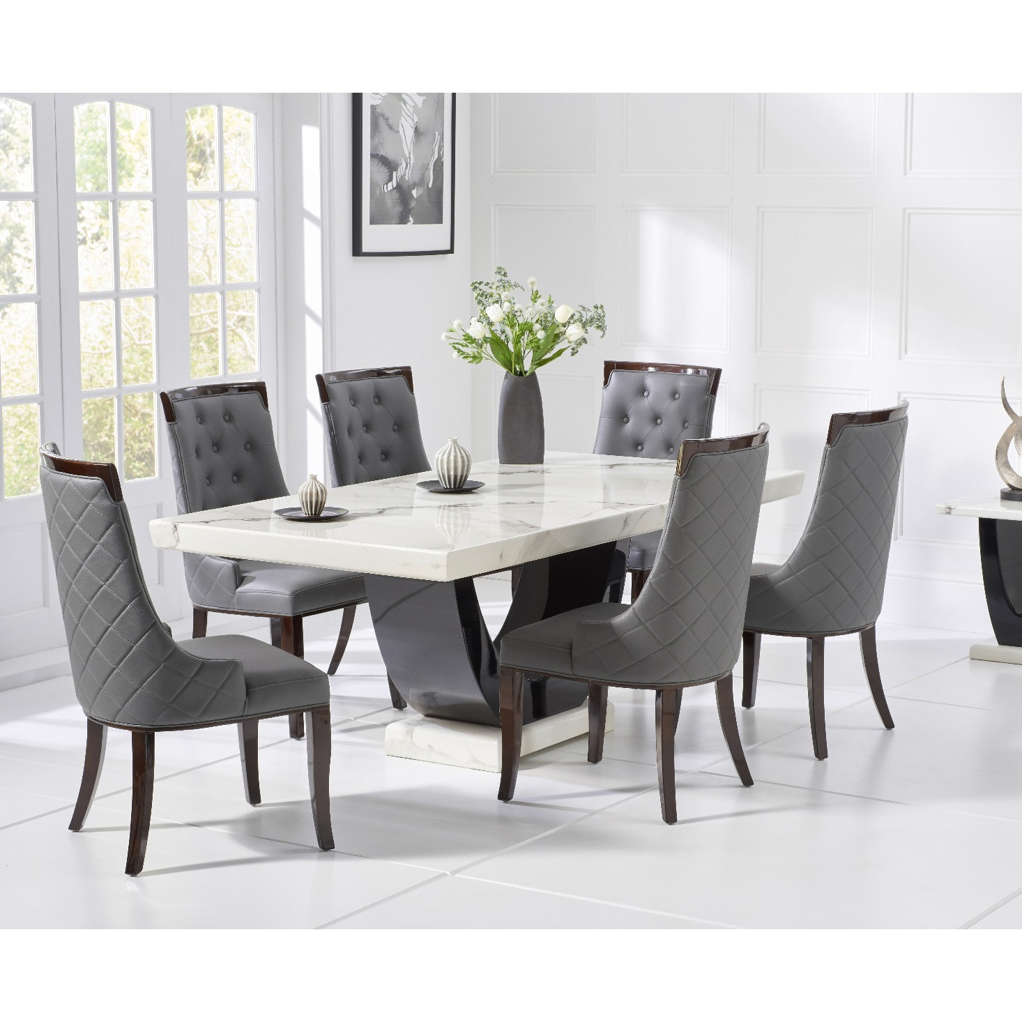 Novara 170cm White and Black Pedestal Marble Dining Table With 4 Cream ...