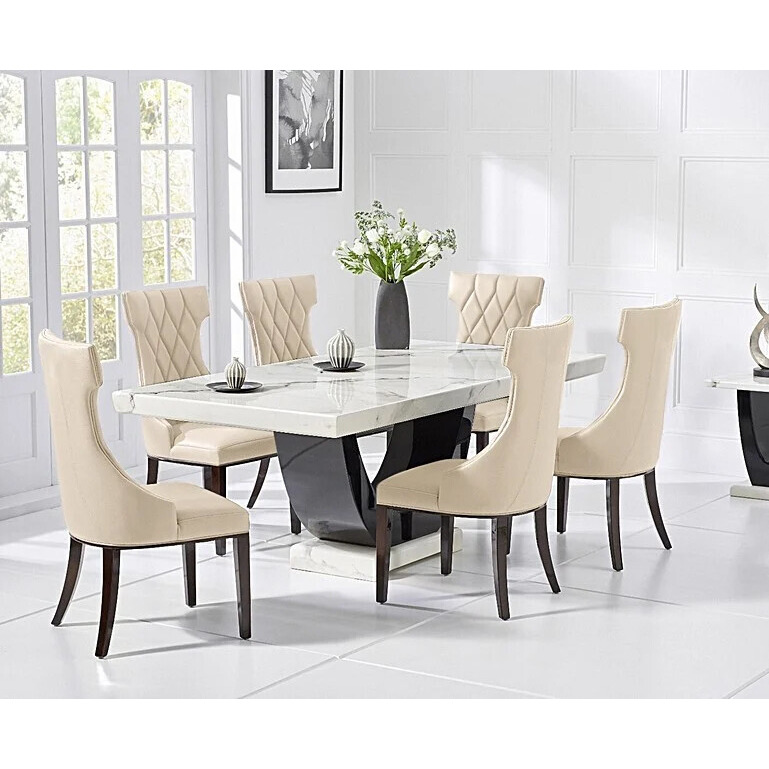 Novara 170cm White and Black Pedestal Marble Dining Table With 4 Grey ...