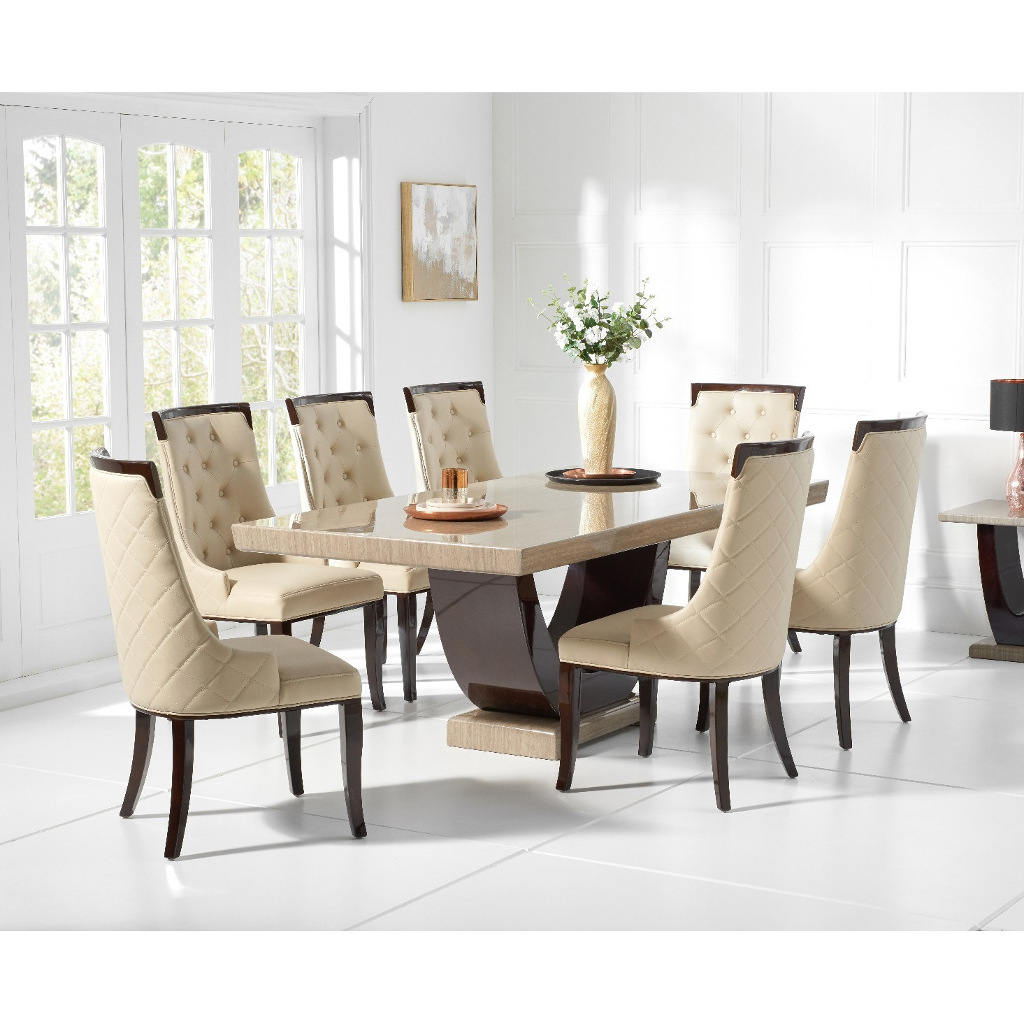 Raphael 200cm Brown Pedestal Marble Dining Table with 6 Grey Francesca ...