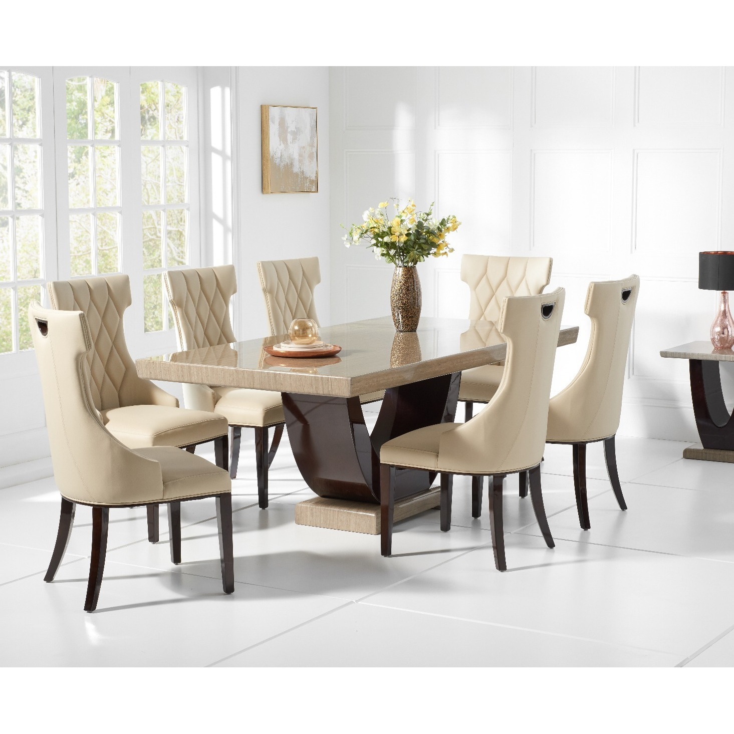 Raphael 200cm Brown Pedestal Marble Dining Table With 10 Grey Sophia ...