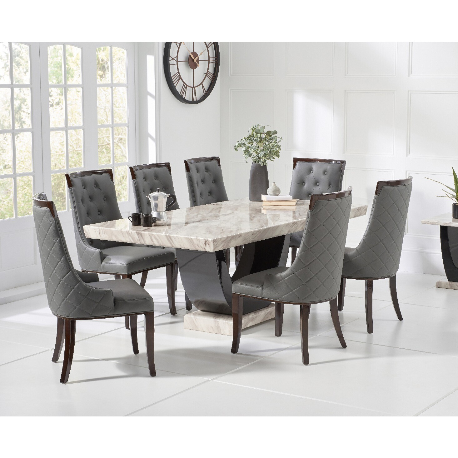 Raphael 200cm Cream and Black Pedestal Marble Dining Table With 6 Cream Francesca Chairs by Oak ...