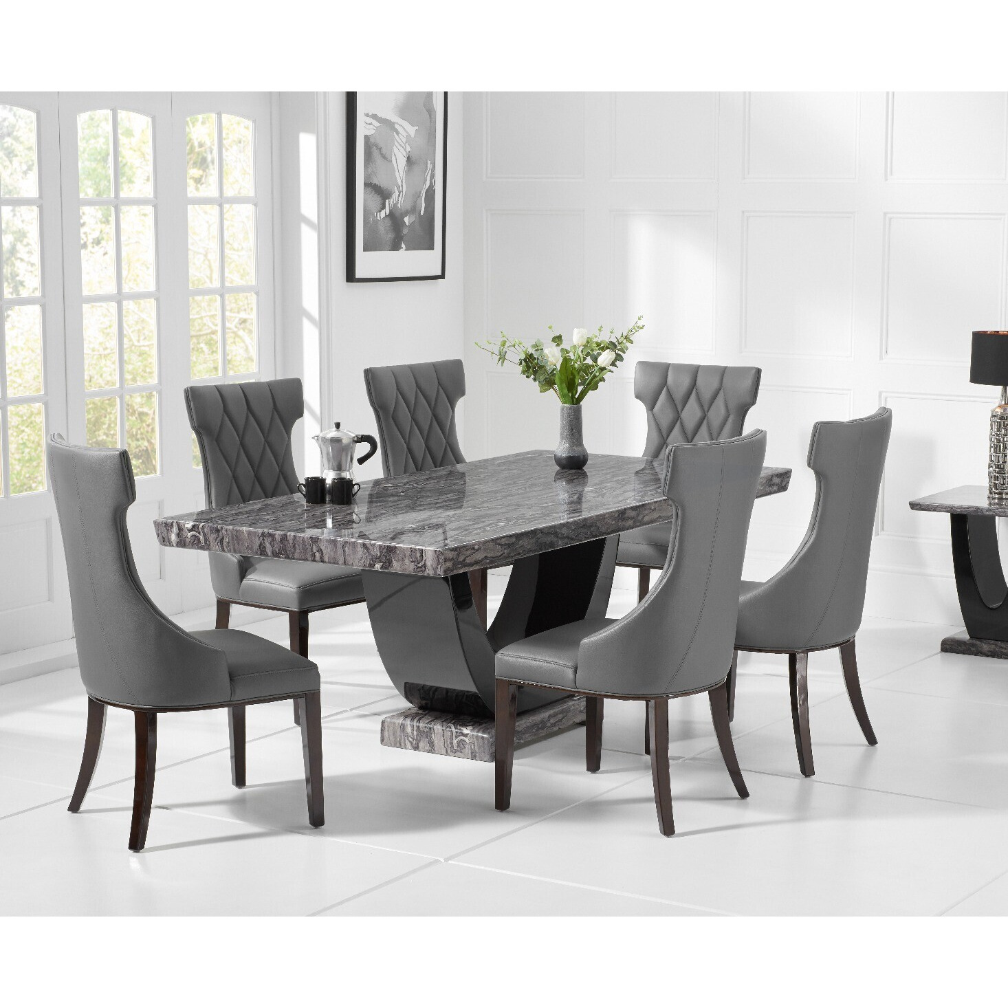 Raphael 200cm Dark Grey Pedestal Marble Dining Table With 6 Grey Sophia ...