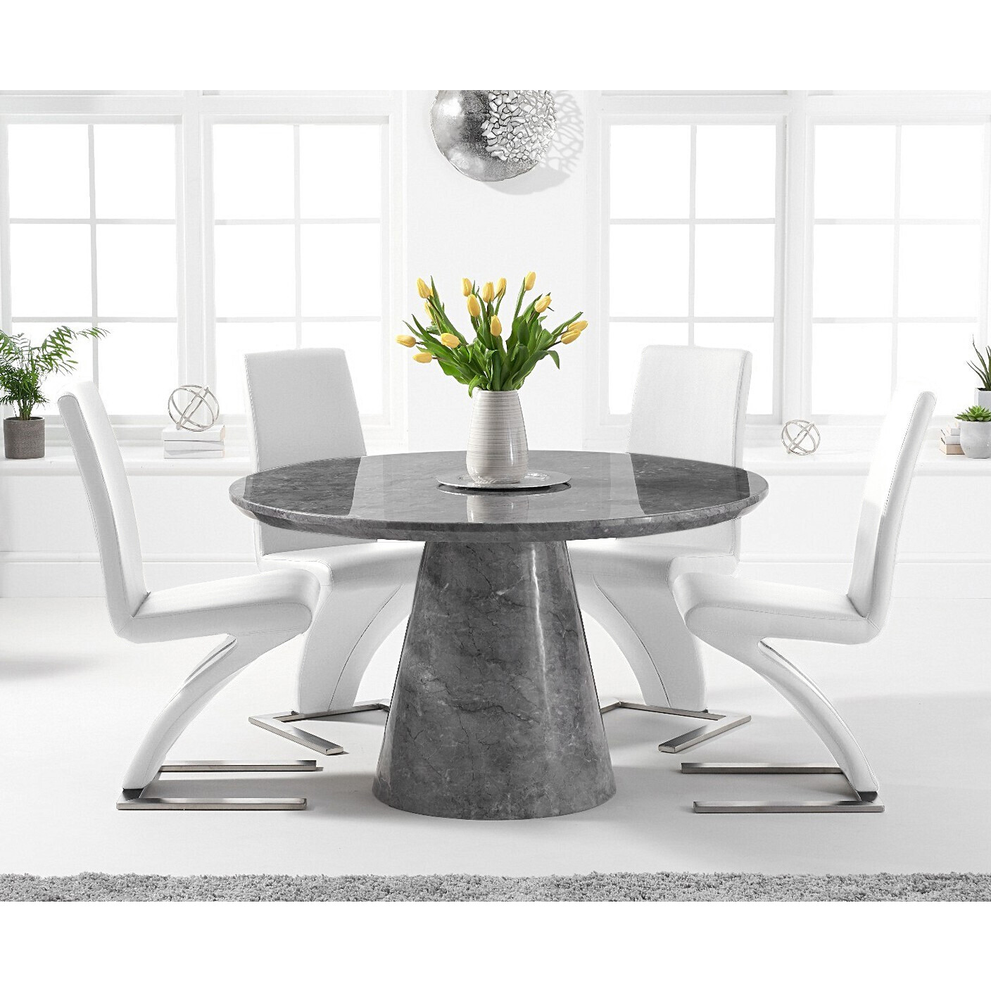 Ravello 130cm Round Grey Marble Dining Table With 6 White Aldo Chairs ...