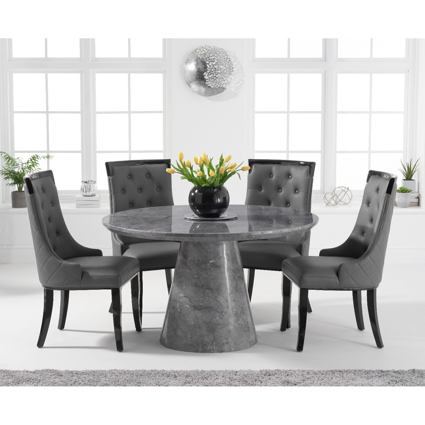 Ravello 130cm Round Grey Marble Dining Table With 6 Cream Francesca ...