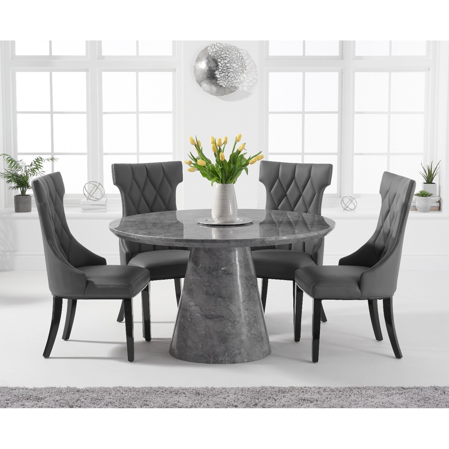 Ravello 130cm Round Grey Marble Dining Table With 4 Grey Sophia Chairs ...