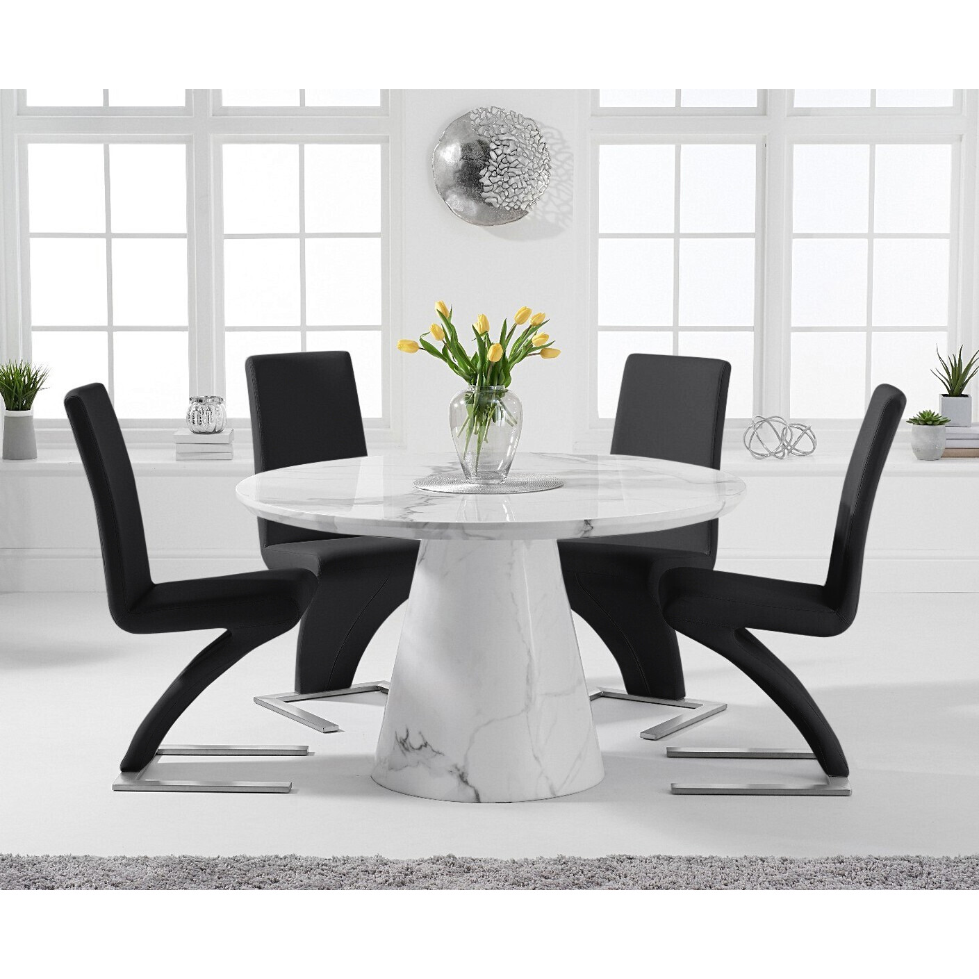 Ravello 130cm Round White Marble Dining Table With 4 Black Aldo Chairs ...