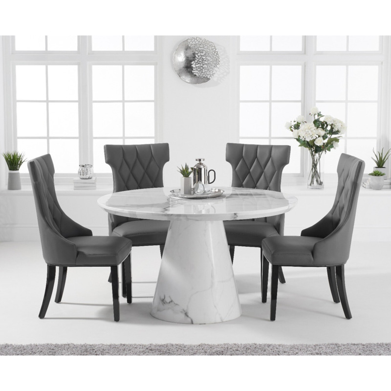 Ravello 130cm Round White Marble Dining Table With 4 Grey Sophia Chairs ...