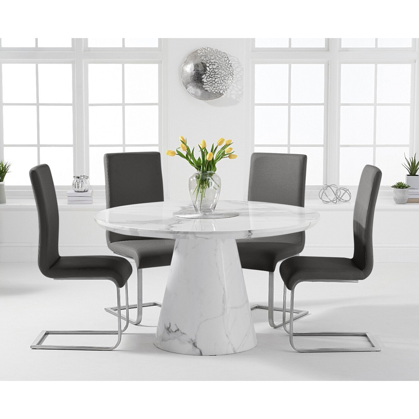 Ravello 130cm Round White Marble Dining Table With 4 Black Austin ...