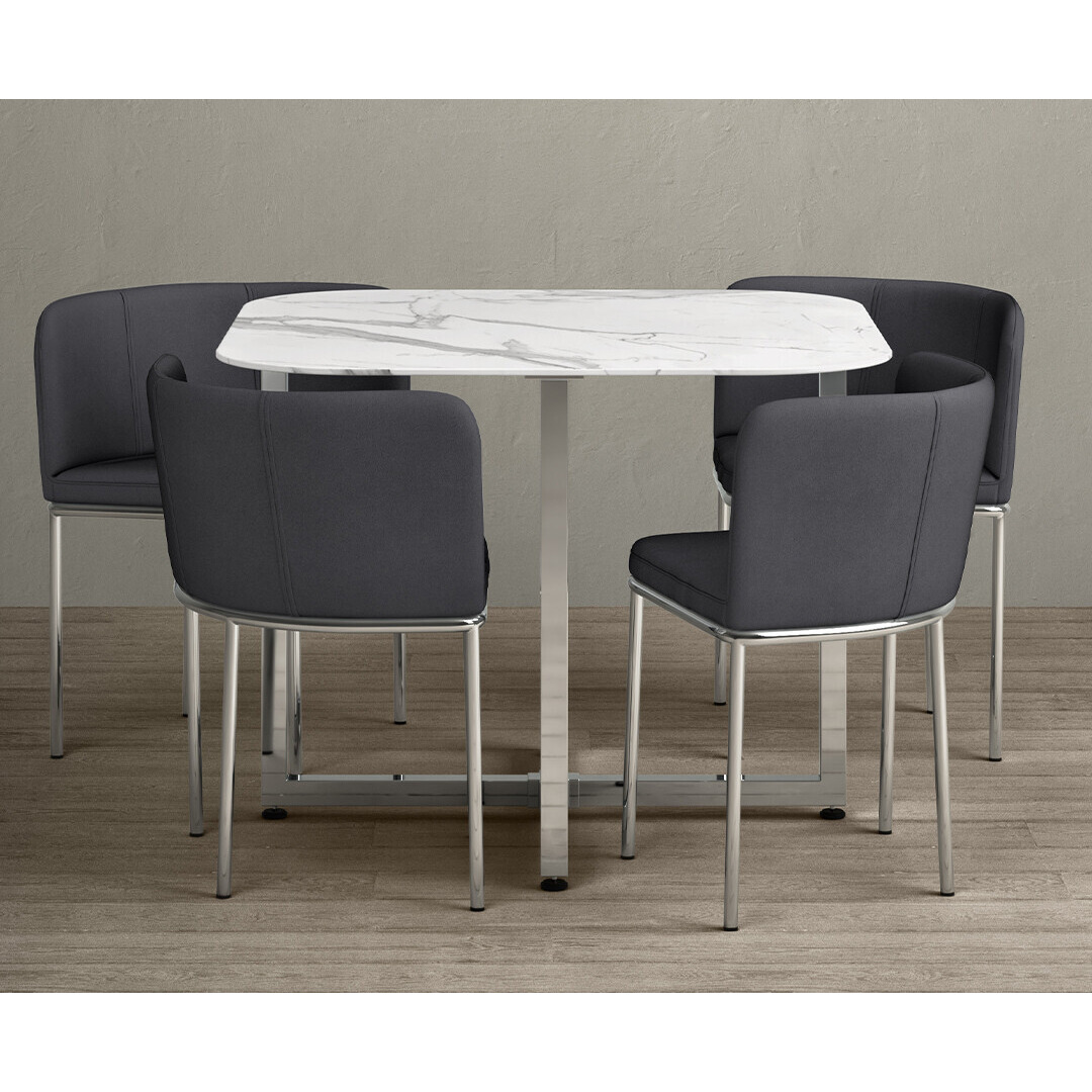 Rhodes White Marble Stowaway Dining Table with Grey High Back Stools by ...