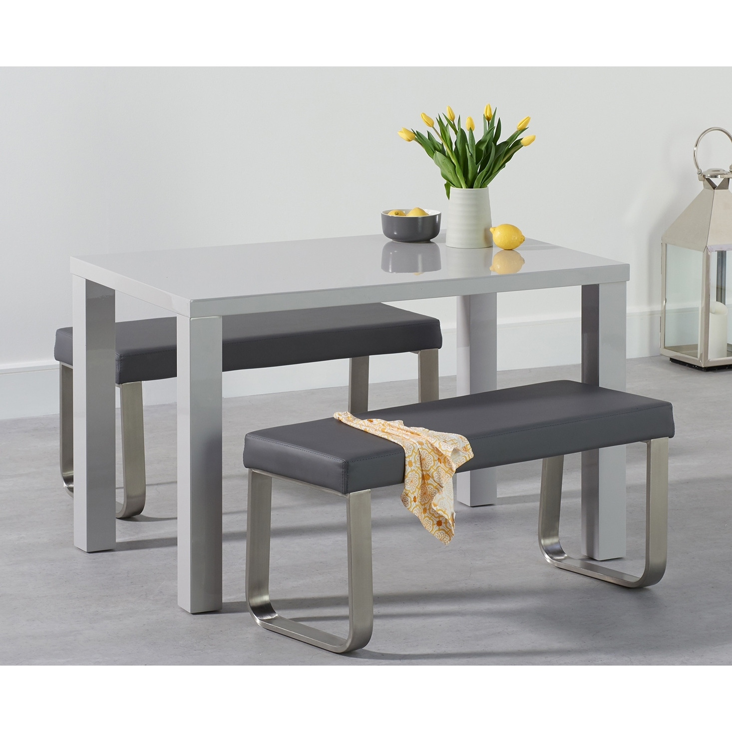 Seattle 120cm Light Grey High Gloss Dining Table with 2 Grey Benches by ...