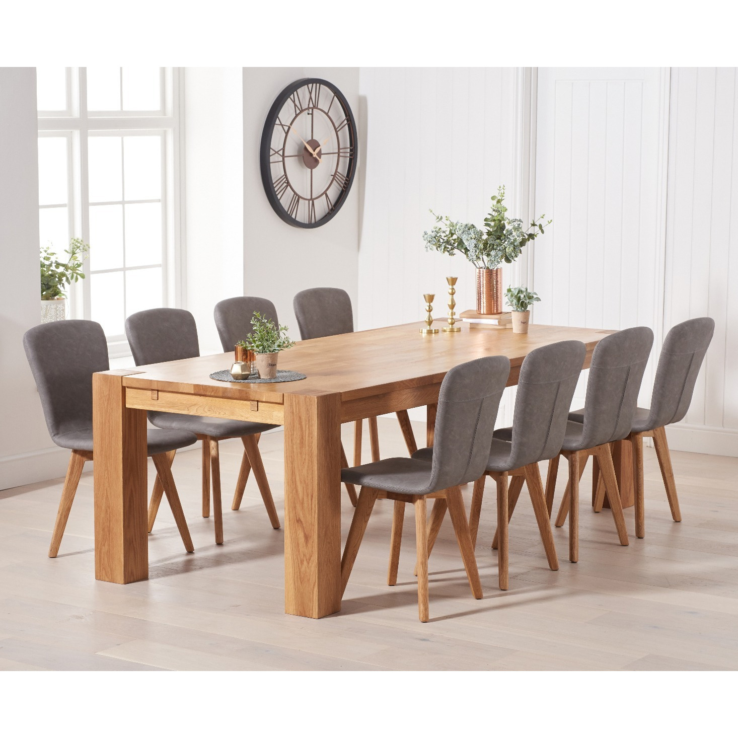 Sheringham 240cm Solid Oak Dining Table with 10 Grey Ruben Chairs by ...