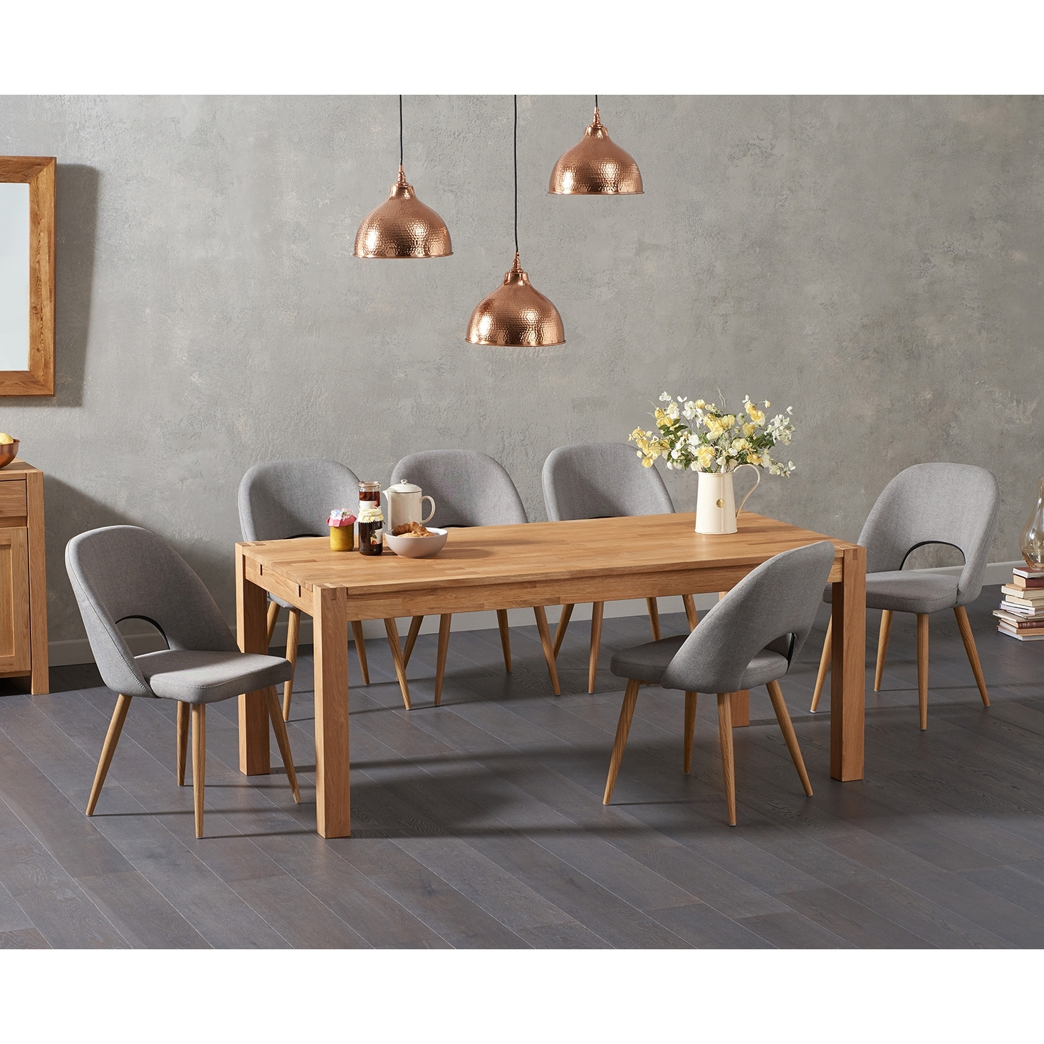 Thetford 180cm Solid Oak Dining Table With 6 Grey Hudson Fabric Chairs ...