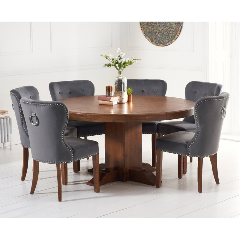 Torino 150cm Dark Solid Oak Round Pedestal Dining Table With 4 Grey ...