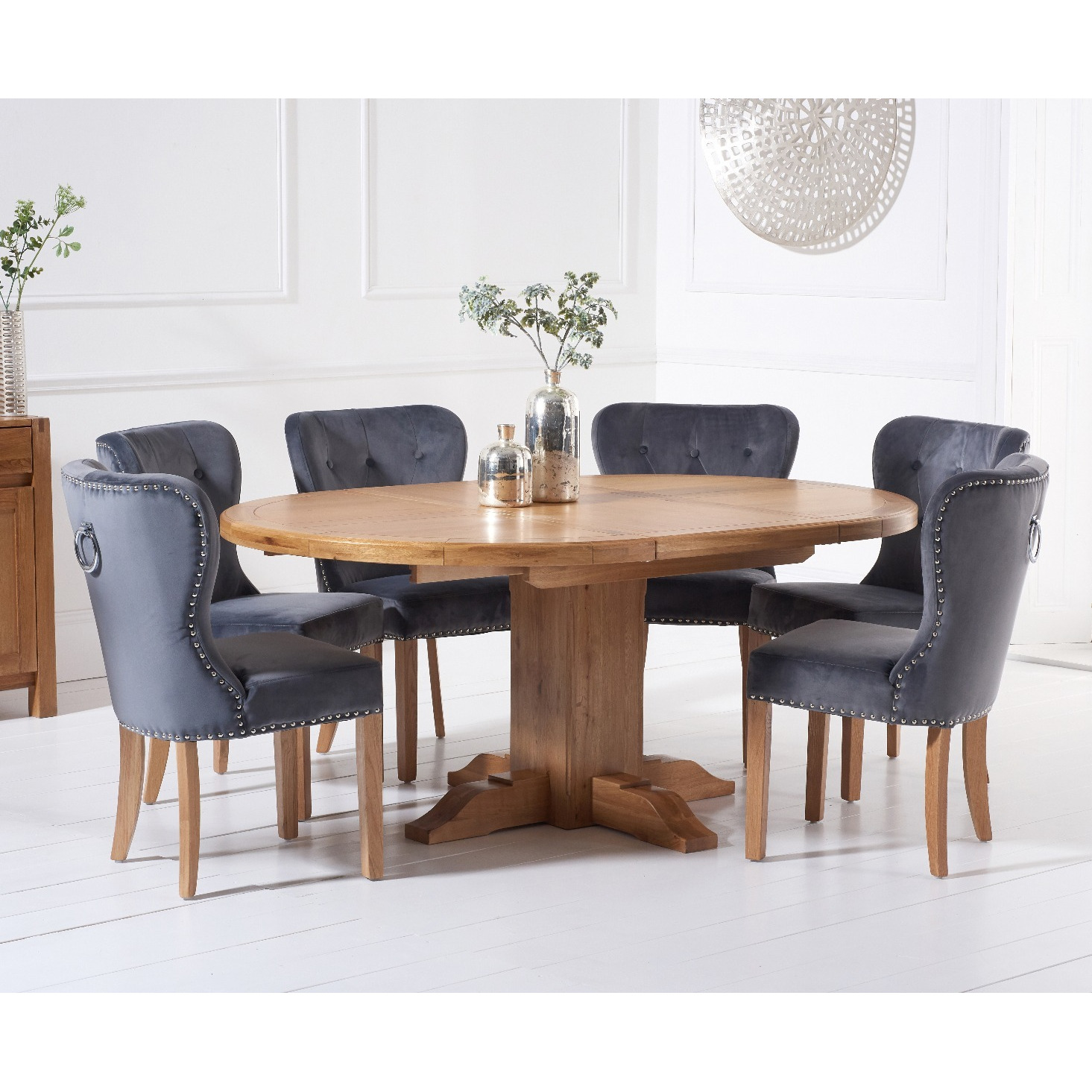 Hemsley Solid Oak Extending Pedestal Dining Table With 8 Grey Keswick ...