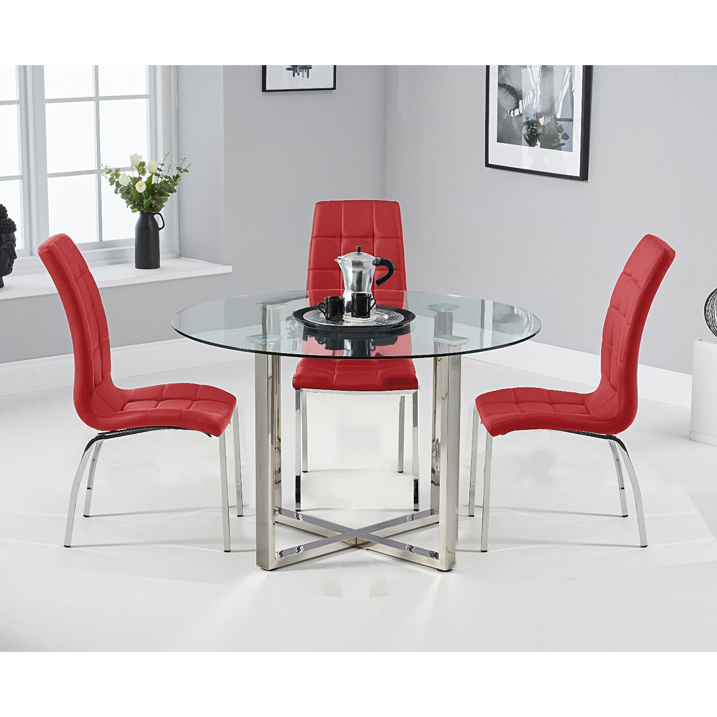 Vaso 120cm Round Glass Dining Table With 4 Black Enzo Chairs by Oak ...