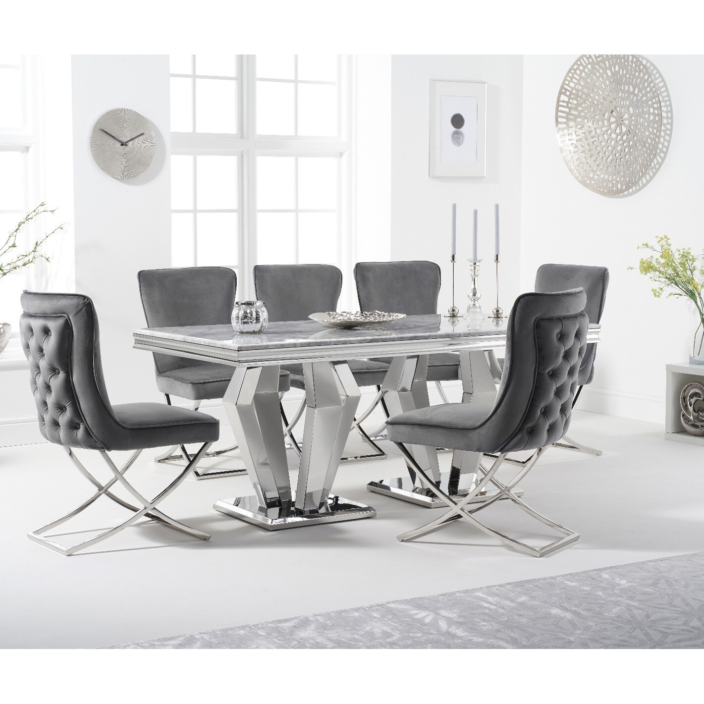 Viscount 180cm Marble Dining Table with 6 Grey Lorenzo Chairs by Oak ...
