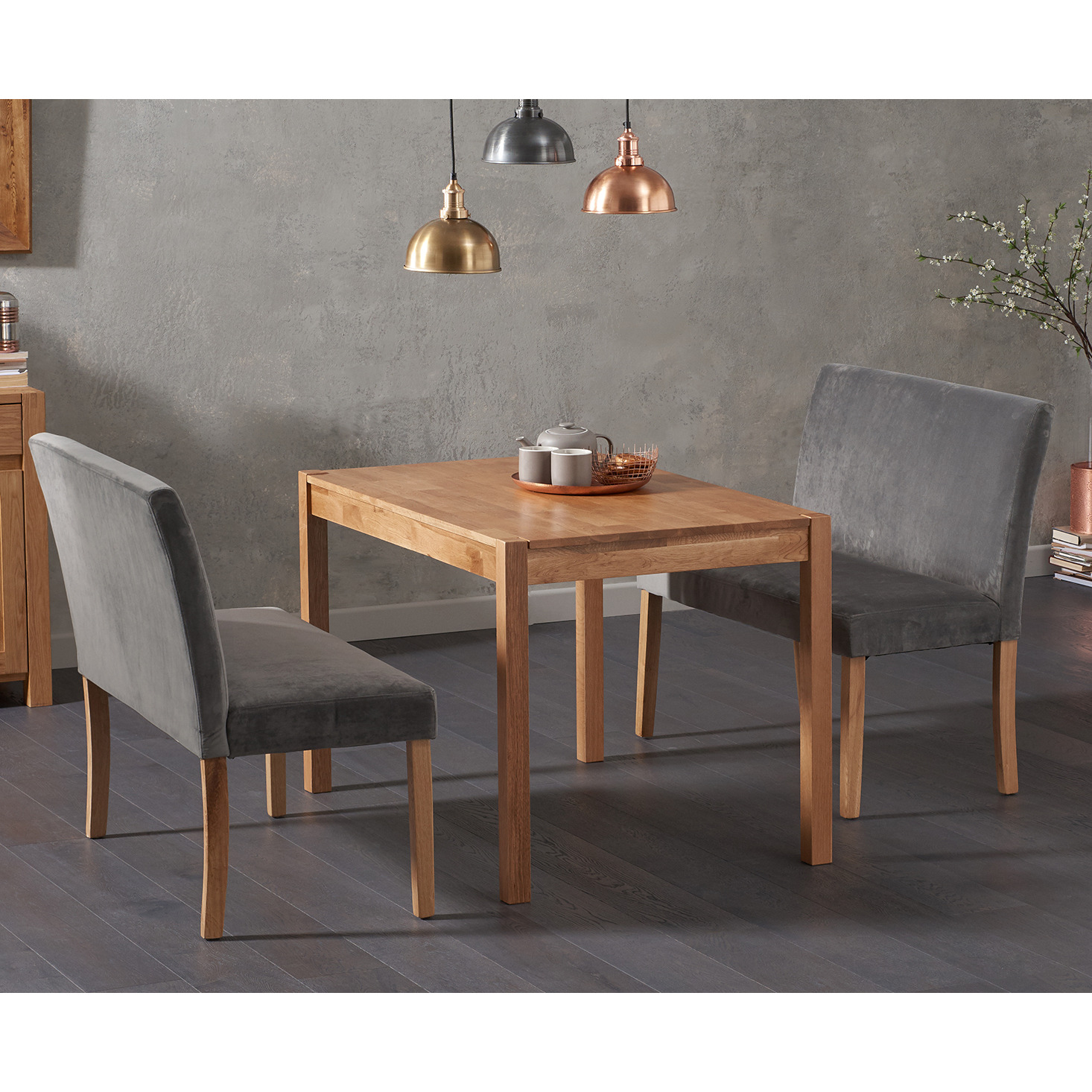 York 120cm Solid Oak Dining Table with Lila Grey Velvet Benches with ...