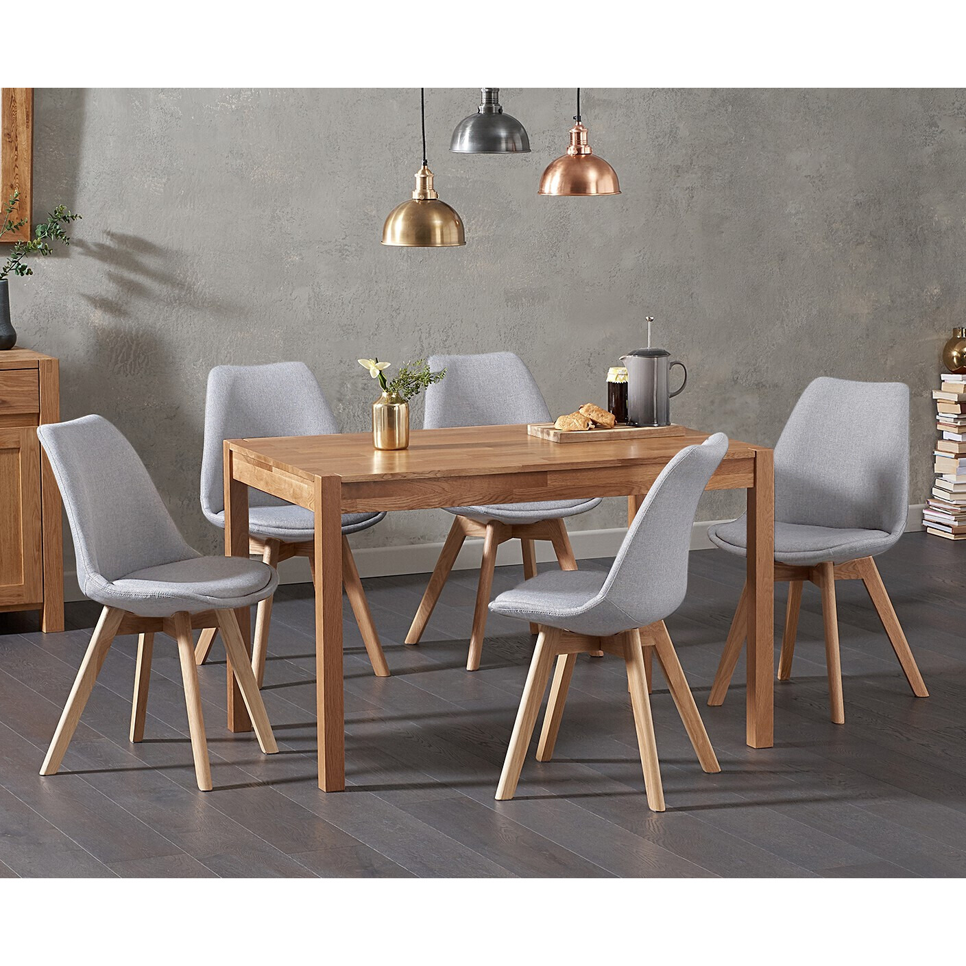 York 120cm Solid Oak Dining Table With 4 Light Grey Orson Fabric Chairs by Oak Furniture ...