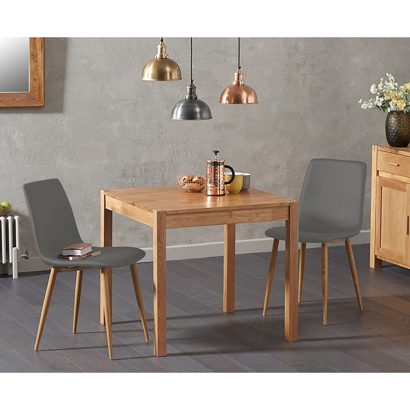 York 80cm Solid Oak Dining Table With 2 Grey Astrid Faux Leather Chairs ...