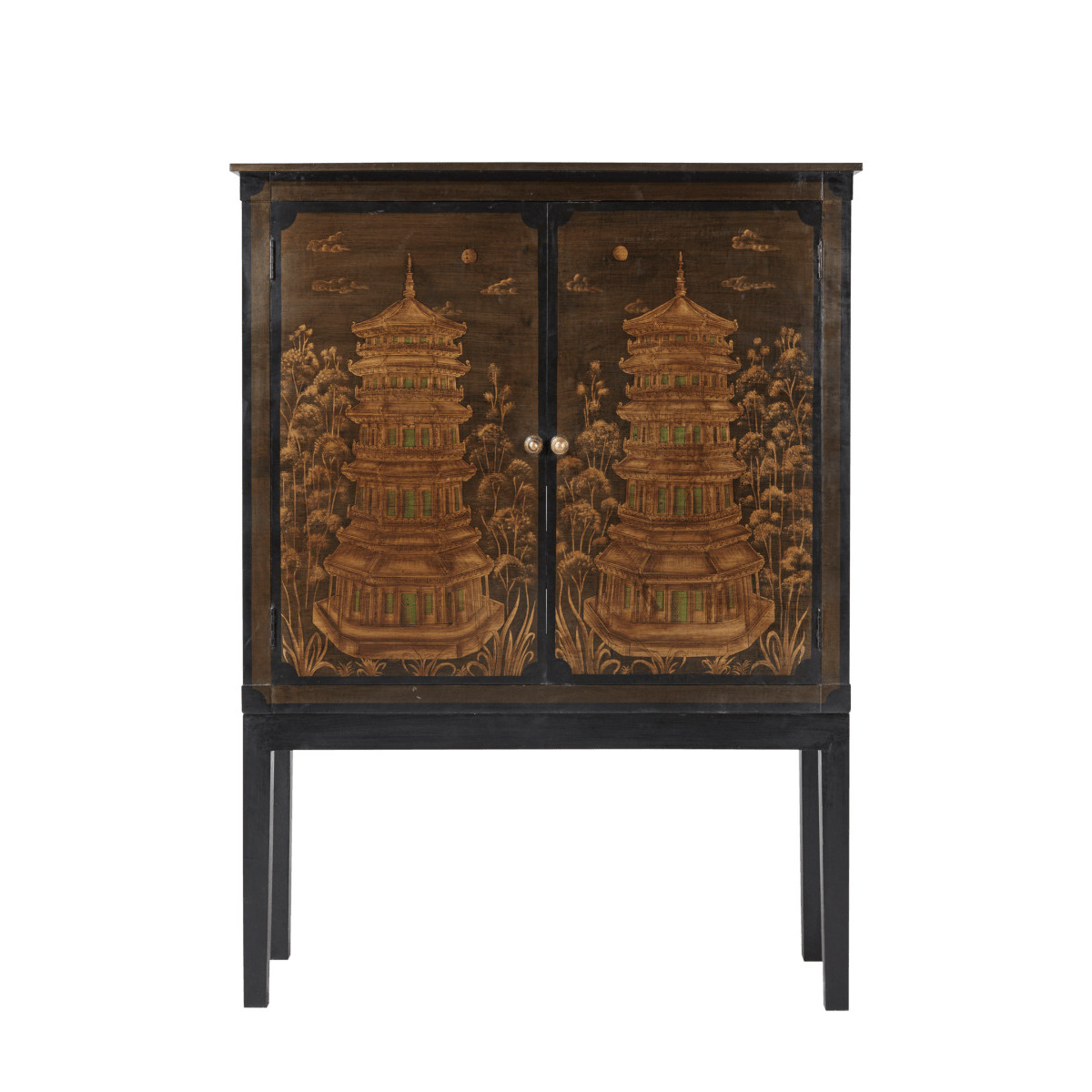 OKA, Pagoda Chinoiserie TV Cabinet - Black/Antique Gold, Cabinets, Wood by OKA | ufurnish.com