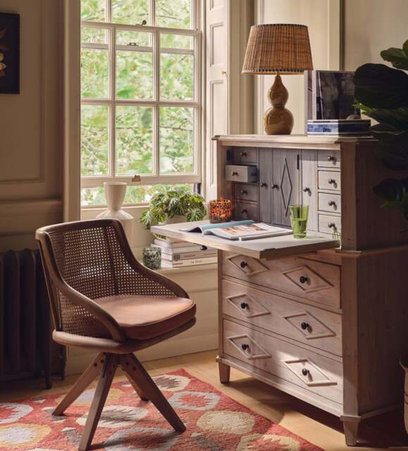 OKA, Carlos Cane Swivel Chair - Weathered Oak/Caramel, Armchair by OKA ...