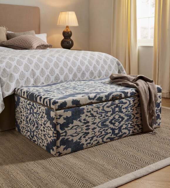 OKA, Nesbitt Upholstered Ottoman - Blue, Ottoman by OKA | uFurnish.com