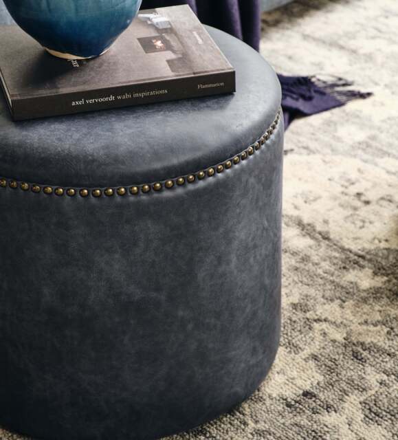 OKA, Costellini Leather Ottoman - Smoke Blue, Ottoman by OKA | ufurnish.com