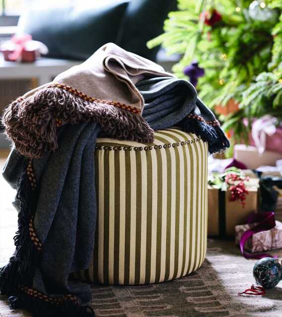 OKA, Costellini Linen Ottoman - Olive Stripe, Ottomans, Linen,Brass by ...